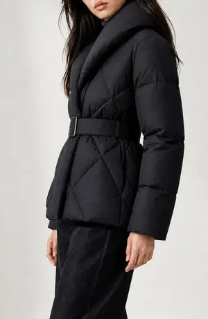 NOIZE Becky Belted Shawl Collar Puffer Jacket - Black