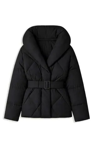 NOIZE Becky Belted Shawl Collar Puffer Jacket - Black