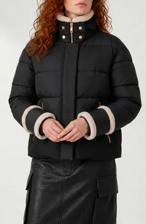 NOIZE Karly Faux Shearling Trim Puffer Jacket - Black