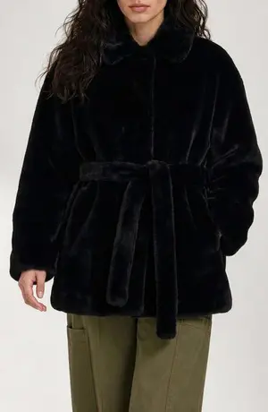 NOIZE Sally Faux Fur Belted Jacket - Black