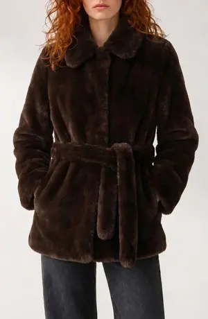 NOIZE Sally Faux Fur Belted Jacket - Chocolate