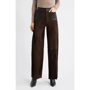 FRAME Slim Palazzo Suede Leather Pants - Dark Brown