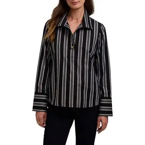 Foxcroft Catalina Stripe Cotton Blend Popover Top - Black/multi