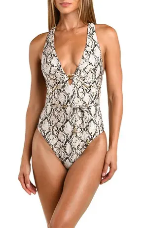 SUNSHINE 79 Island Serpent Plunge Moderate Coverage One-piece Swimsuit - Beige Multi