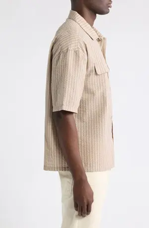 RHYTHM Floragraph Stripe Cotton Blend Seersucker Camp Shirt - Incense