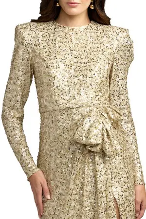 Mac Duggal Long Sleeve Sequin Gown With Bow