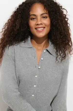 ALEX MILL Park Washed Cashmere Polo Cardigan - Heather Grey
