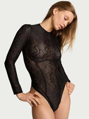 Victoria's Secret Very Sexy Viper Lace Long-sleeve Bodysuit - Black