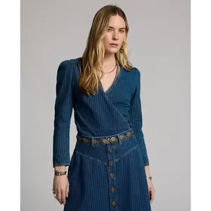 Ralph Lauren Indigo Striped Denim Wrap Top