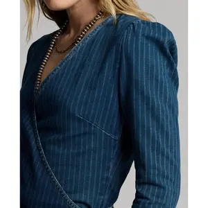Ralph Lauren Indigo Striped Denim Wrap Top