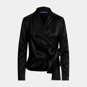Ralph Lauren Shea Stretch Silk Charmeuse Wrap Blouse - Black