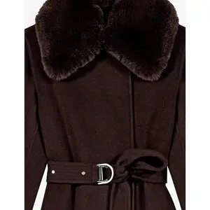 Maje Faux Fur-collar Belted Wool-blend Coat