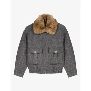 Maje Faux Fur-collar Herringbone Wool-blend Jacket - Dark Grey