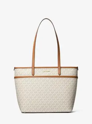 Michael Kors Marlowe Medium Signature Logo Pocket Tote Bag In By - Natural