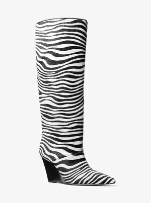 Michael Kors Xandra Zebra Print Calf Hair Wedge Boot In Size By - Black
