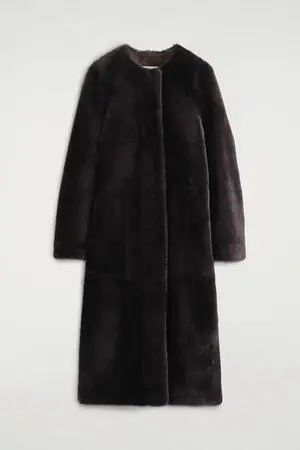 Cos Collarless Shearling Coat - Brown