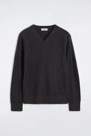 Cos Ribbed Fine Merino Wool V-neck Sweater - Brown