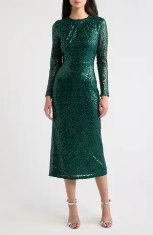 Anne Klein Sequin Twist Neckline Midi Dress - Deep Jade