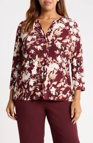 Anne Klein Woodblock Texture Three-quarter Sleeve Henley Top - Barolo Multi