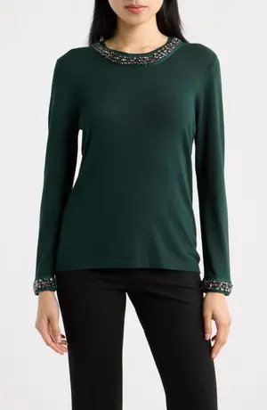 Anne Klein Rhinestone Embellished Sweater - Pine Forest