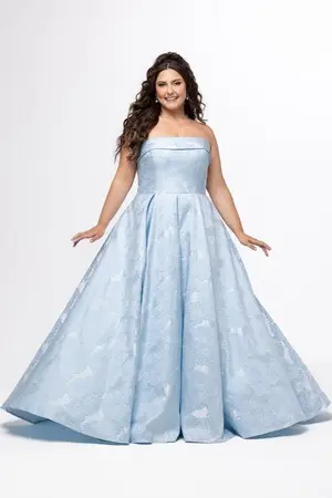 SYDNEY'S CLOSET Strapless Brocade Plus Size Ball Gown Light Blue