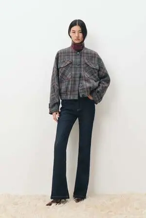 Fabrique Montnkar Plaid Leather Panel Bomber Jacket In 100% Wool - Grey