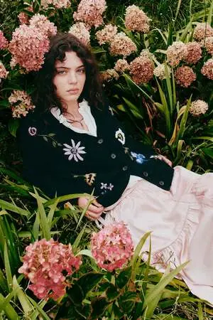 Fabrique Maëlys Hand Embroidery Textured Cardigan In Wool Cotton Blend - Black