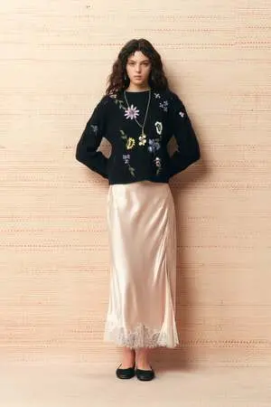 Fabrique Rosalie Handworked Floral Cardigan In Wool Cotton Blend - Black