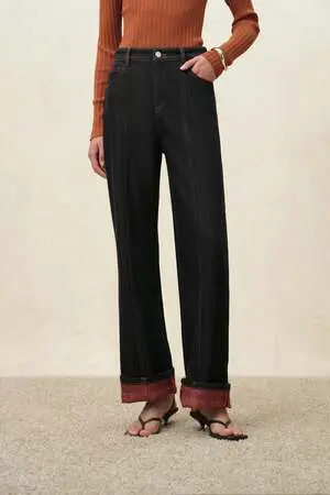 Fabrique Cadence Plaid Straight Leg Jeans With Fleece Lining In Flocked Denim - Blue