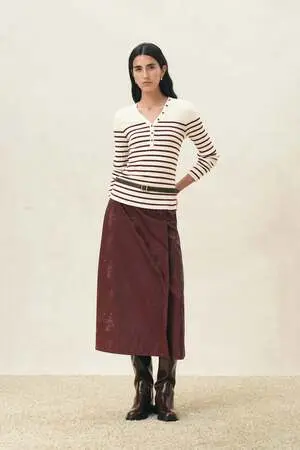 Fabrique Vivi Striped Henley Top In Wool Blend - Red