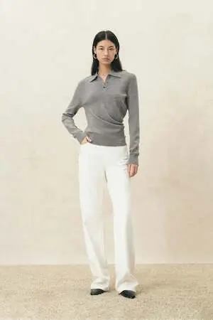 Fabrique Zoe Cinched Waist Polo Top In Wool Blend Knit - Grey