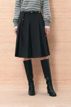 Fabrique Alaia Belted Pleated Midi Skirt In Wool Blend - Grey