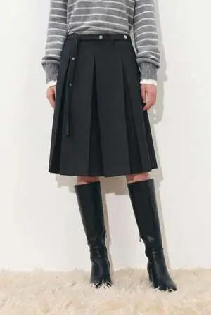 Fabrique Alaia Belted Pleated Midi Skirt In Wool Blend - Grey