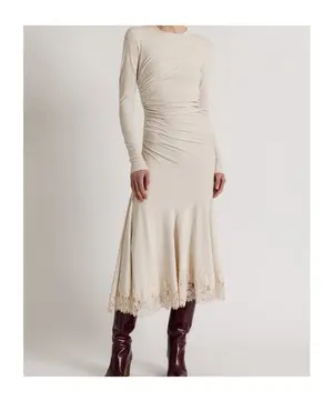 Alberta Ferretti Gathered Midi Dress With Lace Trim