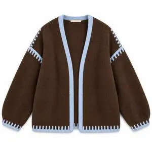 LATELIER LONDON Chocolate Knit Cardigan With Light Blue Contrast Trim - Brown