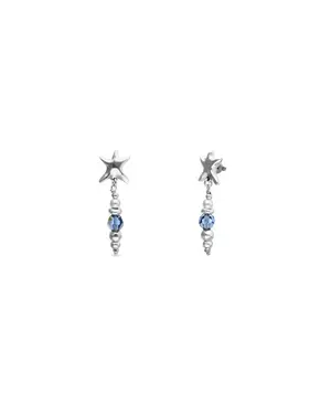 UNODE50 Long Silveratone Earrings With Blue Faceted Crystals And Star