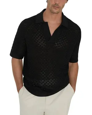 REISS Raffarty Cotton Blend Open Collar Crochet Polo Shirt - Black