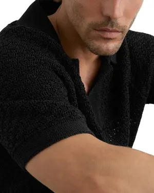 REISS Raffarty Cotton Blend Open Collar Crochet Polo Shirt - Black