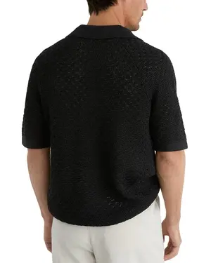 REISS Raffarty Cotton Blend Open Collar Crochet Polo Shirt - Black