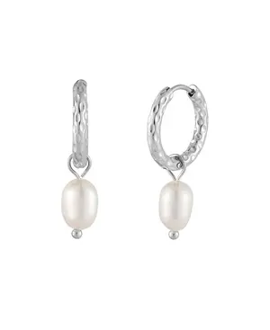 ATOLEA Hammered Pearl Hoop Earrings Silver