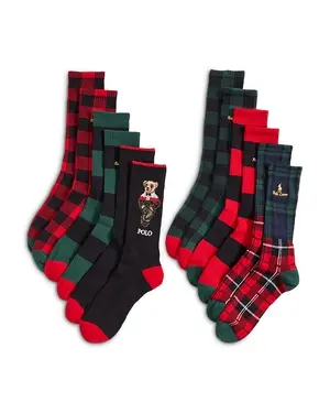 Polo Ralph Lauren Holiday Bear Crew Socks, Pack Of 6 - Red Multi