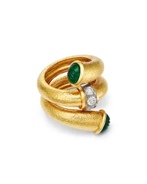 David Webb Platinum & 18k Yellow Emerald & Diamond Carved Pipe Ring