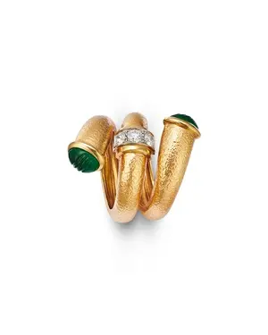 David Webb Platinum & 18k Yellow Emerald & Diamond Carved Pipe Ring