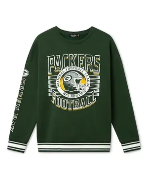 Junk Food Clothing Green Bay Packers Striped Rib Crew Fleece Sweatshirt - Hunter