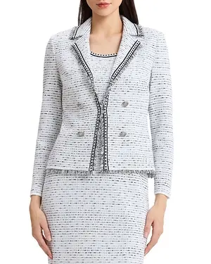 Ming Wang Heritage Eyelash Trim Lapel Collar Knit Jacket - White/indigo