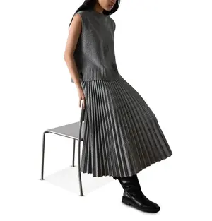 Whistles Petites Check Pleated Midi Skirt - Grey Multi