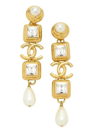 Chanel Crystal 'cc' Faux Pearl Dangle Earrings - Gold