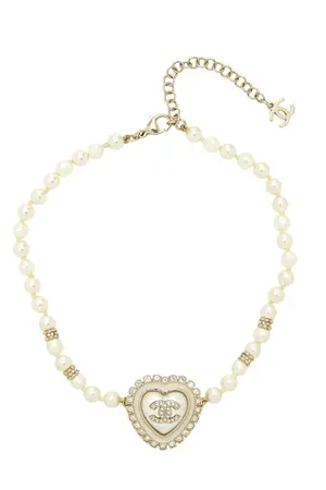Chanel Faux Pearl 'cc' Heart Choker - Gold