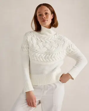HAVEN WELL WITHIN Cotton Blend Cable Mockneck Sweater - Ivory