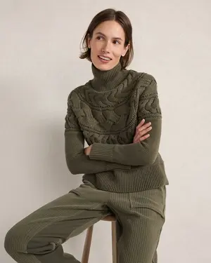 HAVEN WELL WITHIN Cotton Blend Cable Mockneck Sweater - Ivory